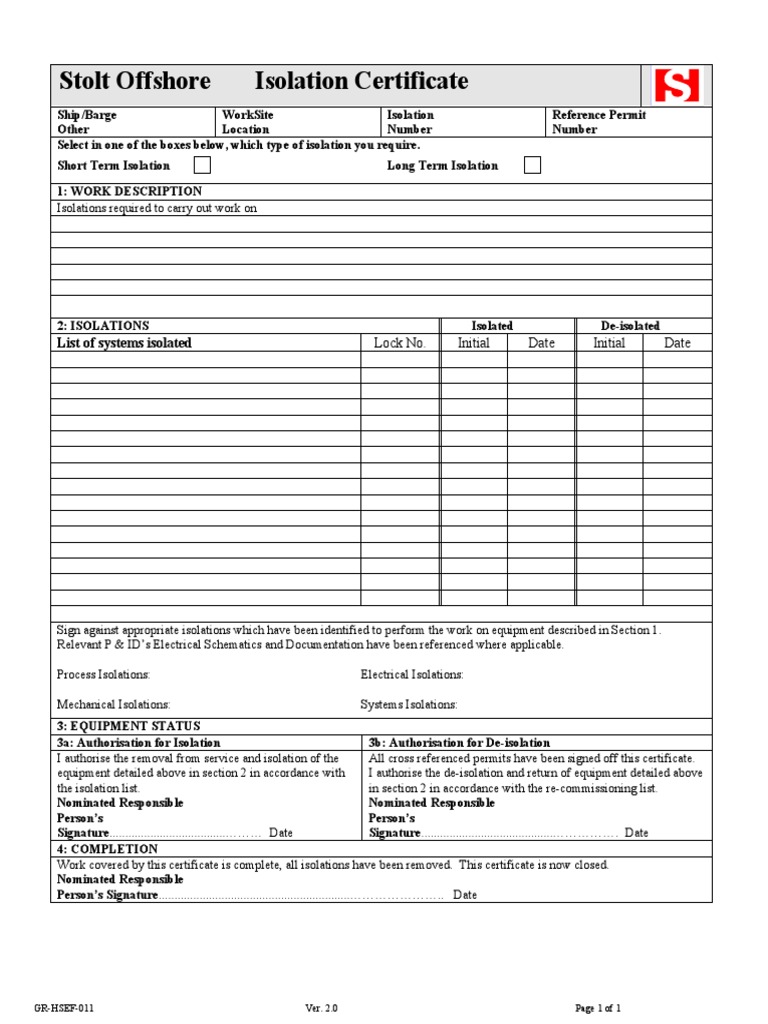 Stolt Offshore Isolation Certificate: List of Systems Isolated | PDF ...