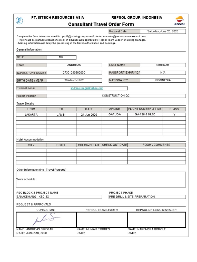 Consultant Travel Order Form: Pt. Istech Resources Asia Repsol Group ...