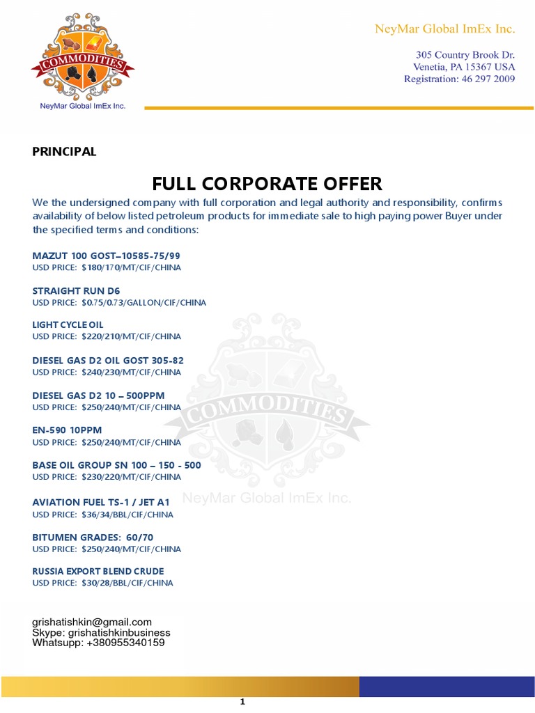 Full Corporate Offer: Principal | PDF | Barrel (Unit) | Petroleum