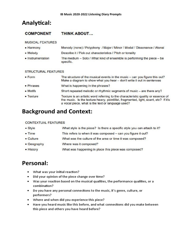 IB Music Listening Diary Prompts | PDF