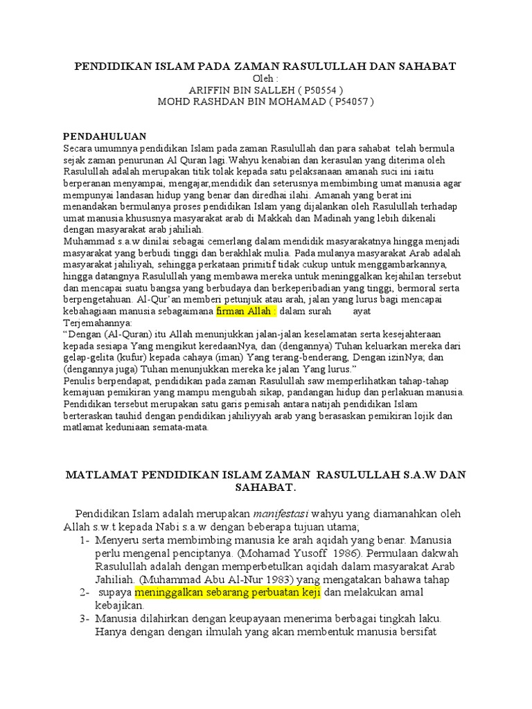 Pendidikan Islam Zaman Rasulullah Dan Sahabat | PDF