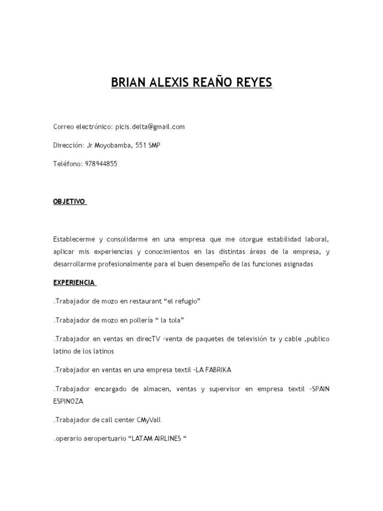 CV BRIAN ALEXIS REAÑO REYES | PDF