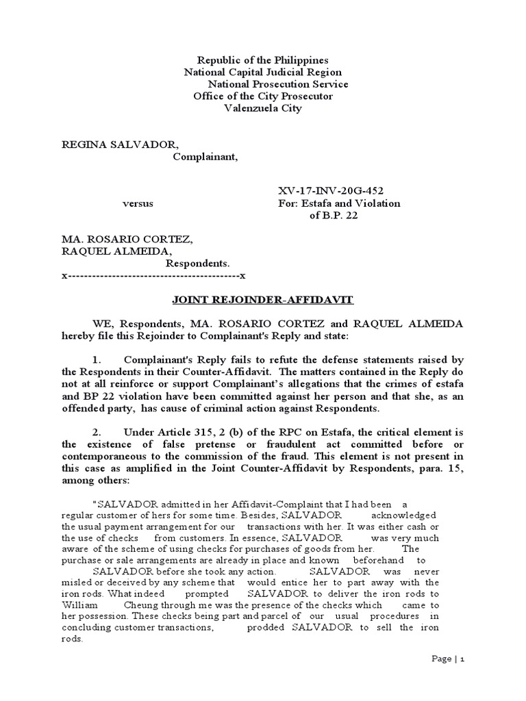 CORTEZ - Rejoinder-Affidavit | PDF | Fraud | Justice