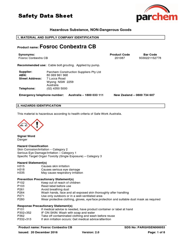 Fosroc Conbextra CB: Safety Data Sheet | PDF | Dangerous Goods ...