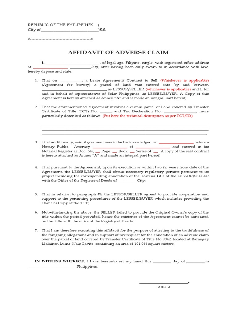 SAMPLE Adverse Claim | PDF | Lease | Affidavit
