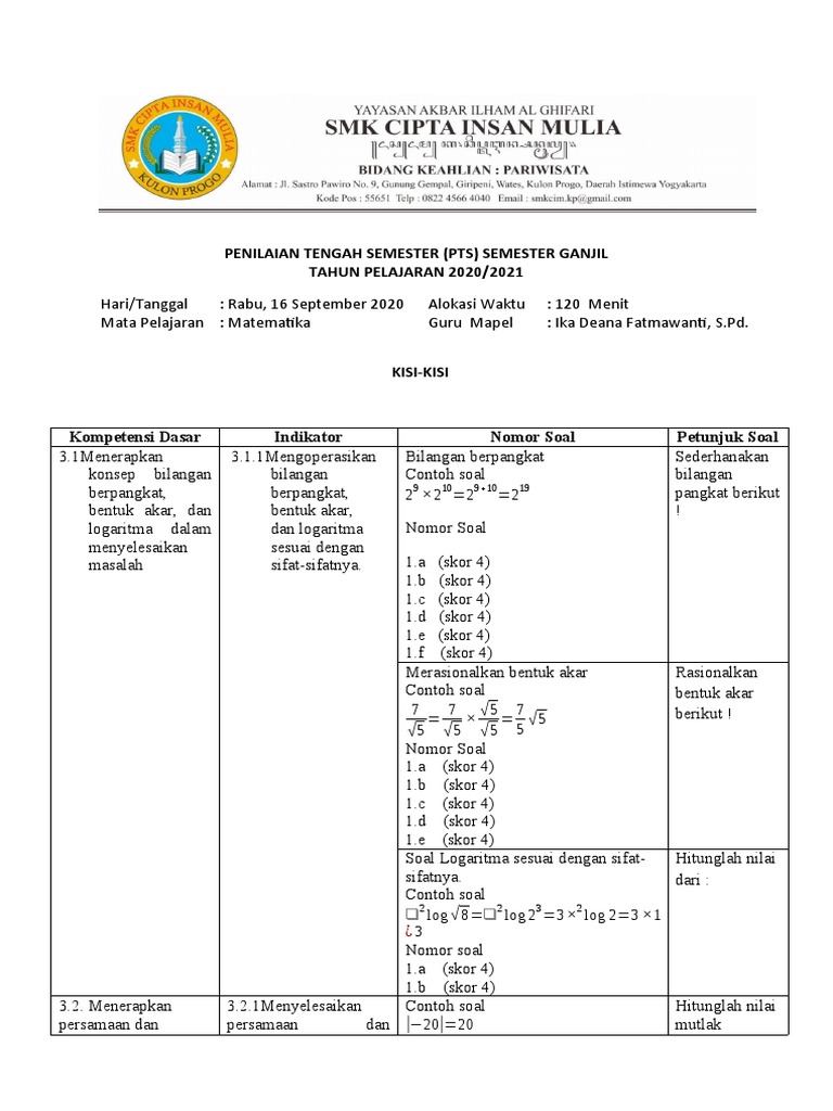 KISI-KISI Matematika Kelas X SMK | PDF