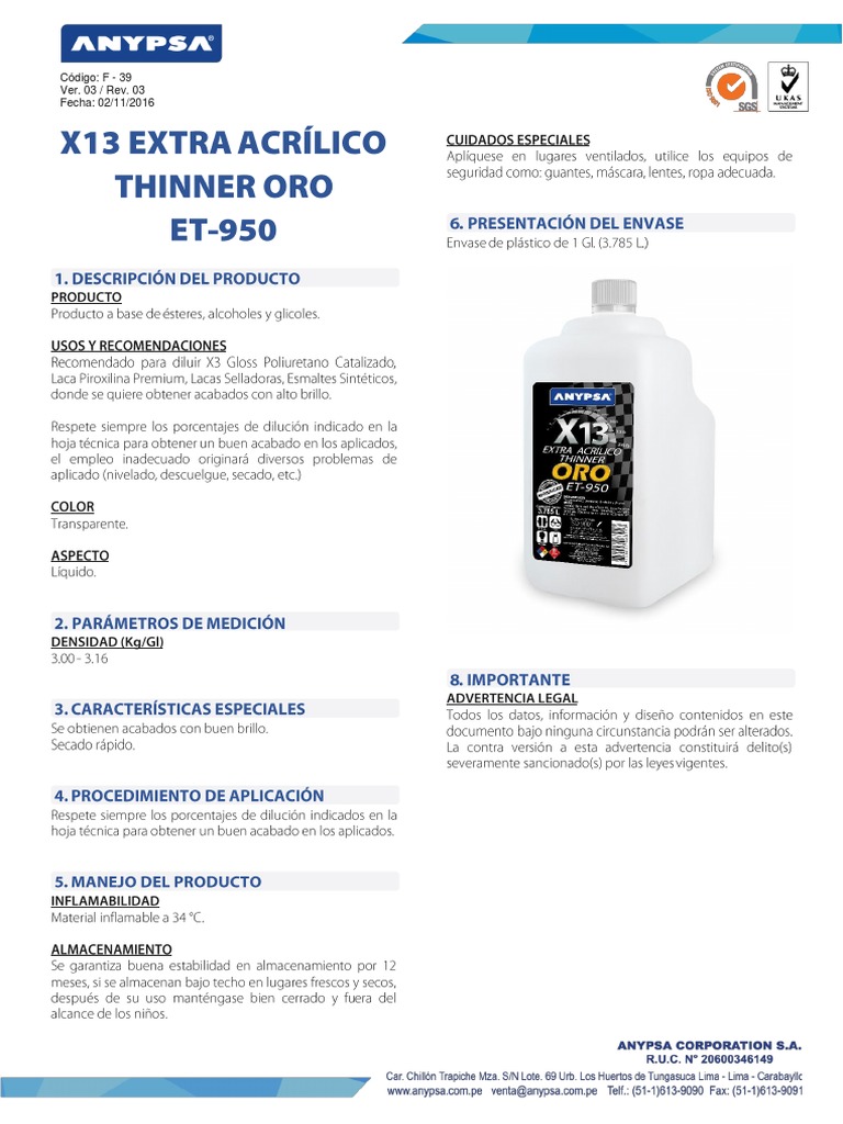 X13 Extra Acrilico Thinner Oro Et-950 | PDF