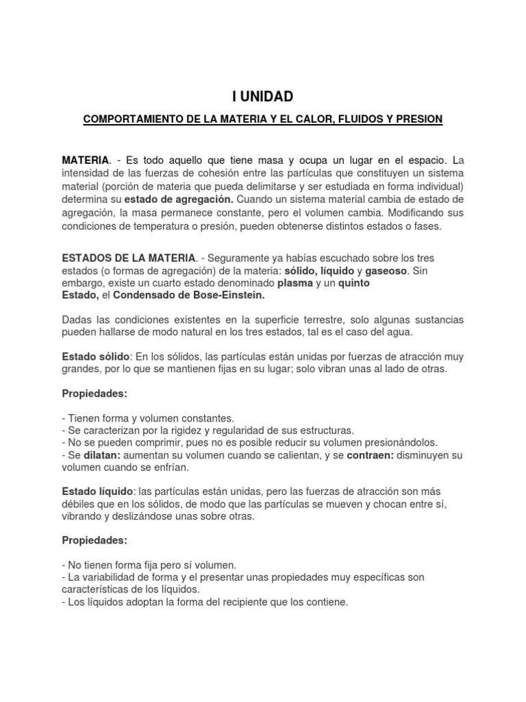 Unidad 1 (Teoria) COMPORTAMIENTO DE LA MATERIA Y EL CALOR, FLUIDOS Y ...