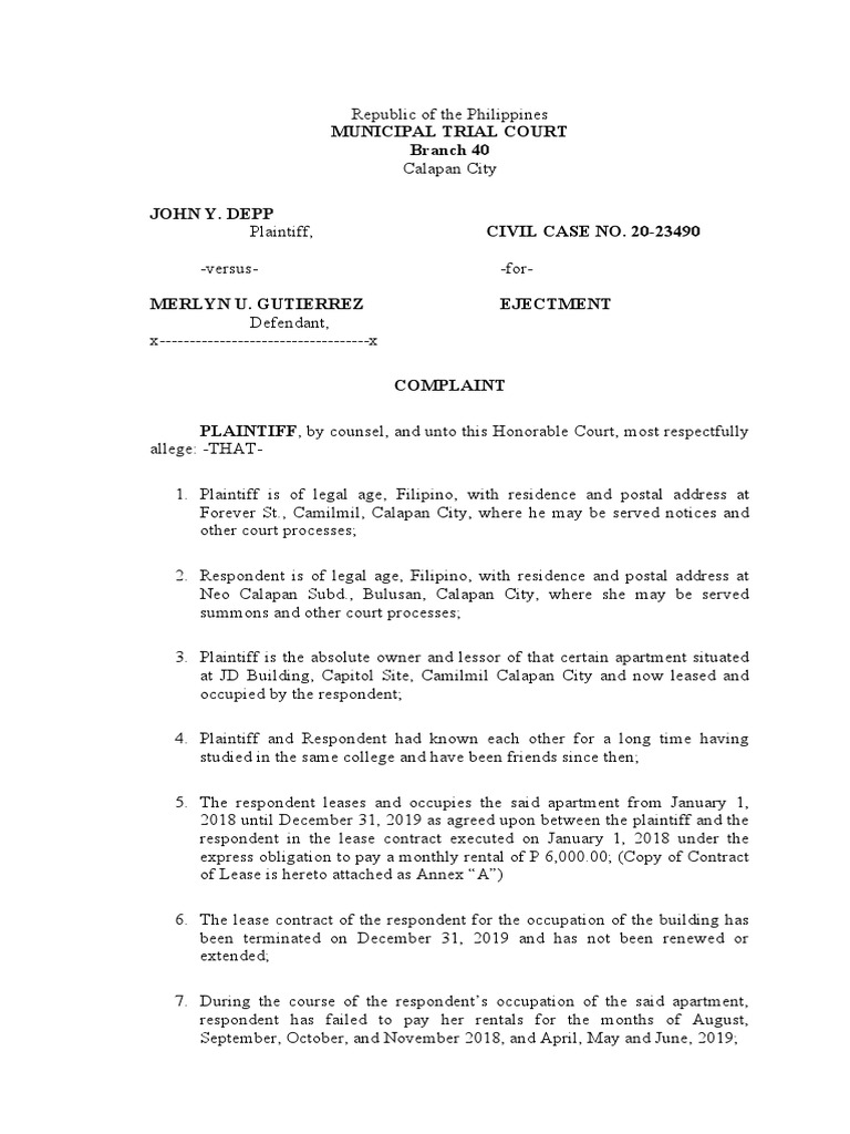 Complaint for Unlawful Detainer and Payment of Unpaid Rentals | PDF | Lease | Lawsuit