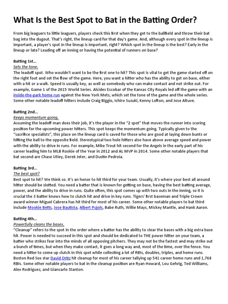 What Is The Best Spot To Bat in The Batting Order | PDF | Baseball ...