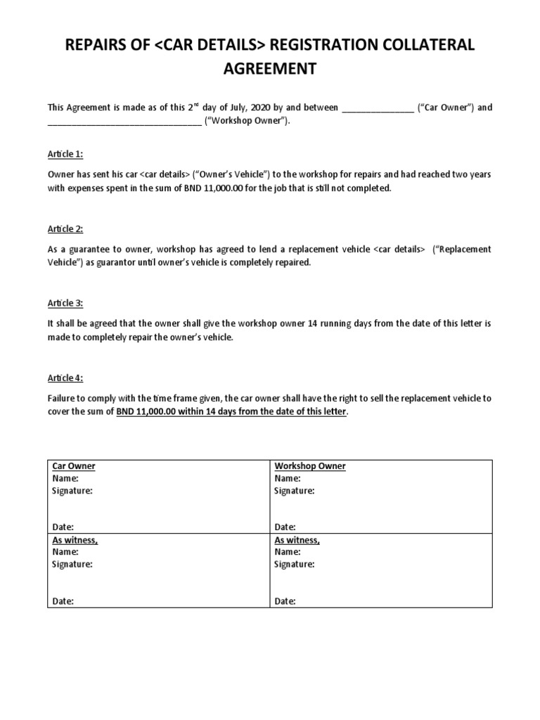 Car Repair Collateral Agreement - 1 | PDF