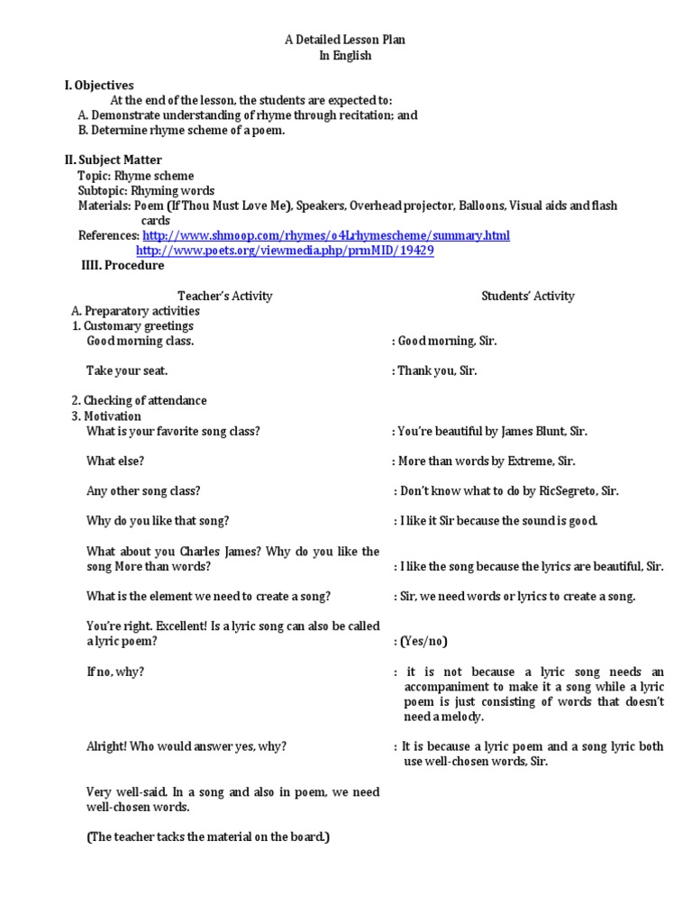 Lesson Plan in Rhyme Scheme | PDF | Poetic Form | Poetry