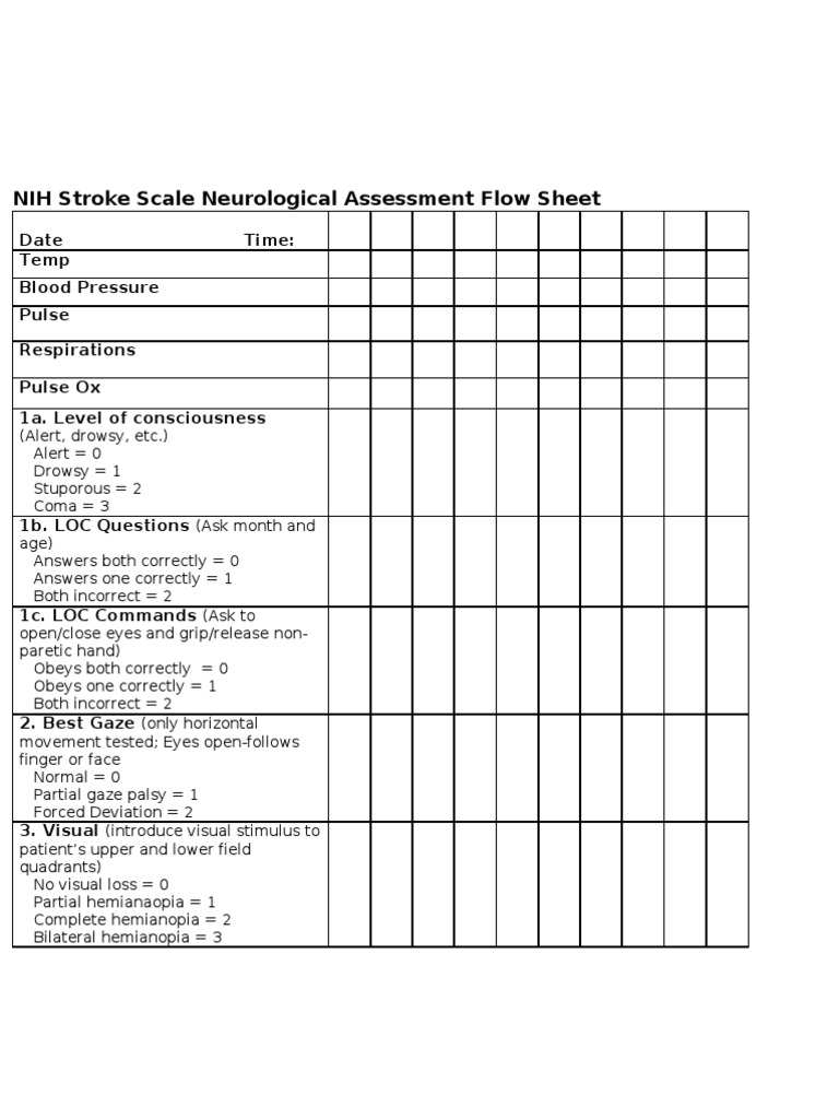 NIH Stroke Scale Neurological Assessment Flow Sheet | PDF | Senses | Color