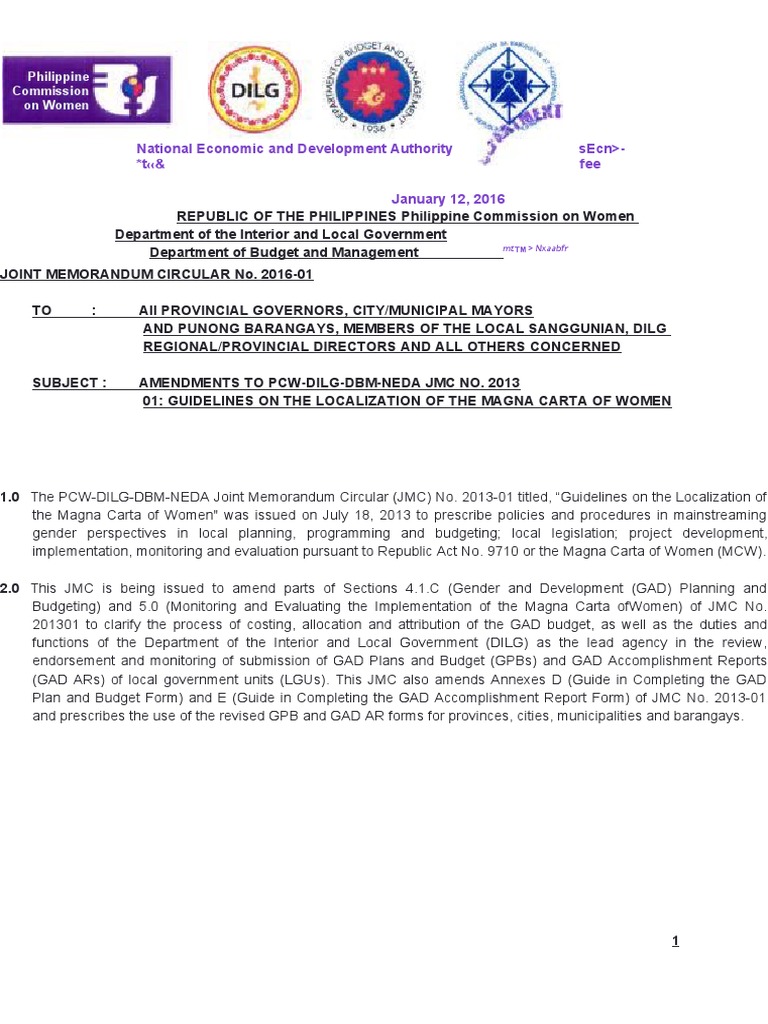 Joint Memorandum Circular Pcw-Dilg-Dbm-Neda No. 2016 - 01 | PDF ...