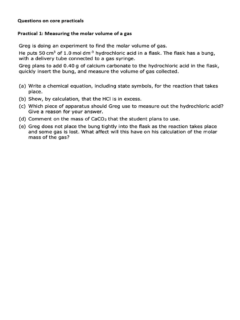 Questions On Core Practicals Practical 1: Measuring The Molar Volume of ...
