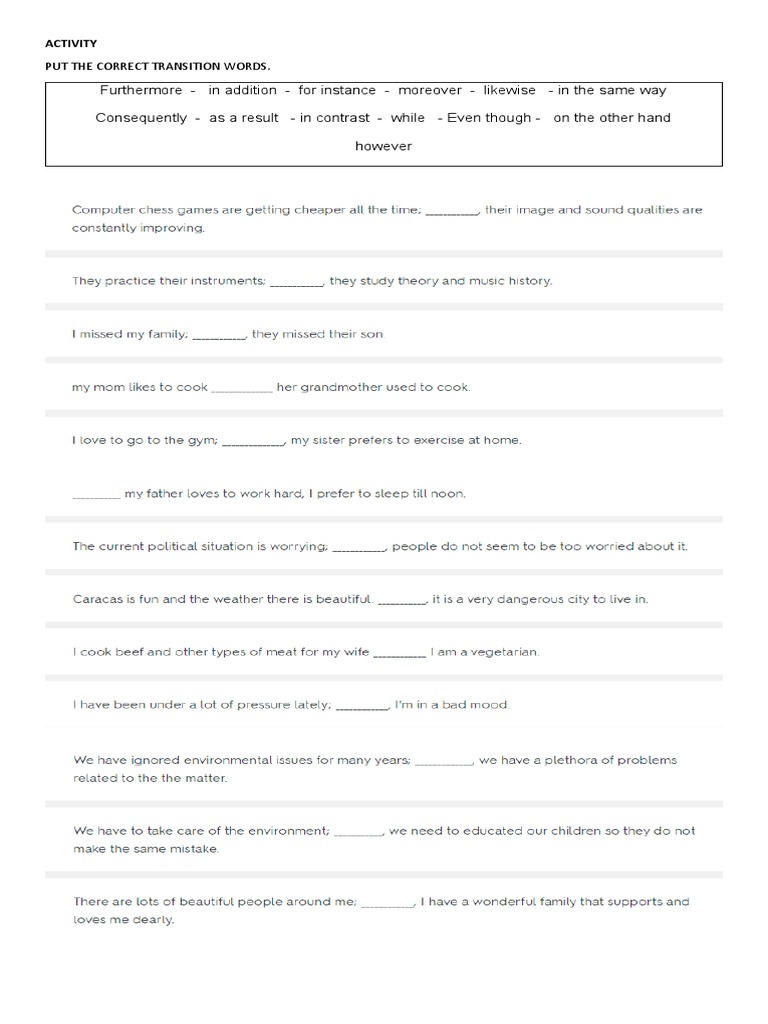 Transition Words Exercises | PDF