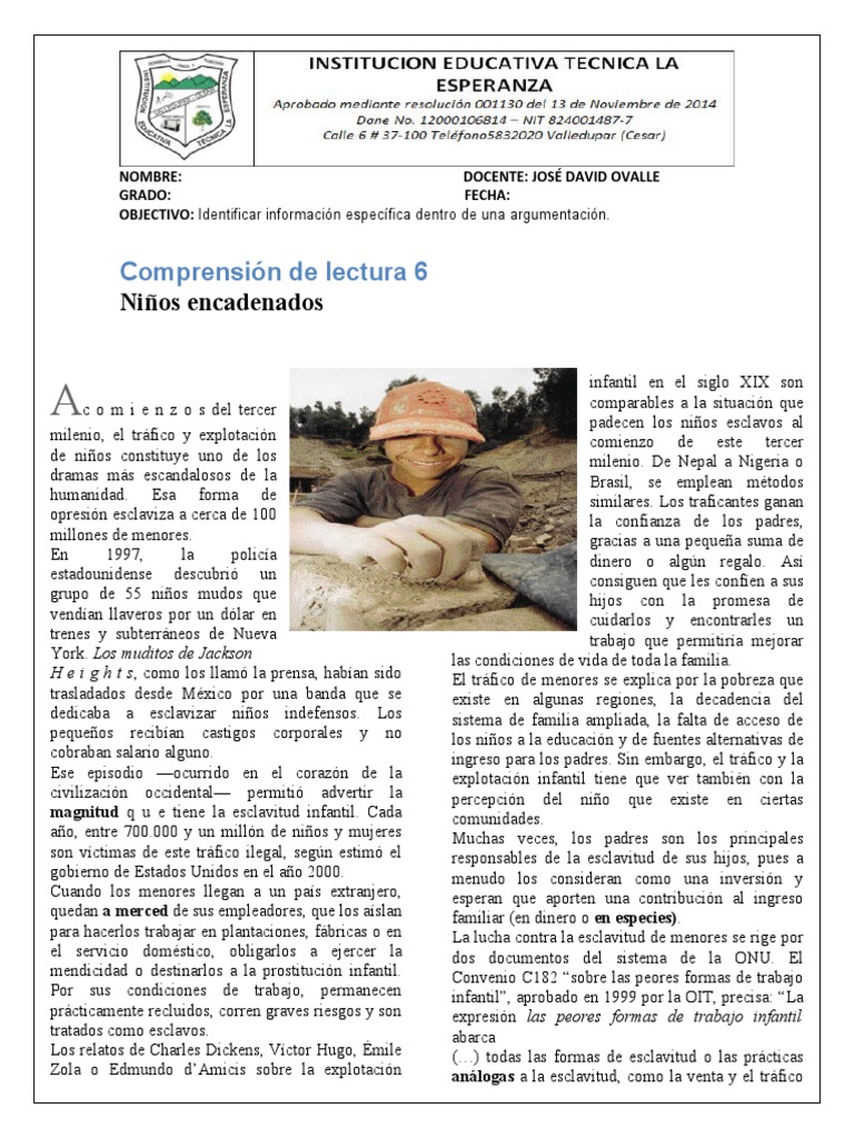 Hoja De Trabajo De Comprensión Lectora Sobre La Esclavitud La Cabaña