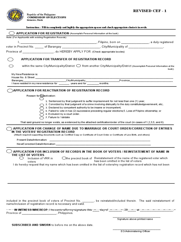 Revised Cef - 1: Commission On Elections | PDF | Voter Registration ...