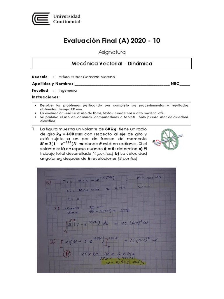 Examen Final Mecanica Vectorial 2020 | PDF