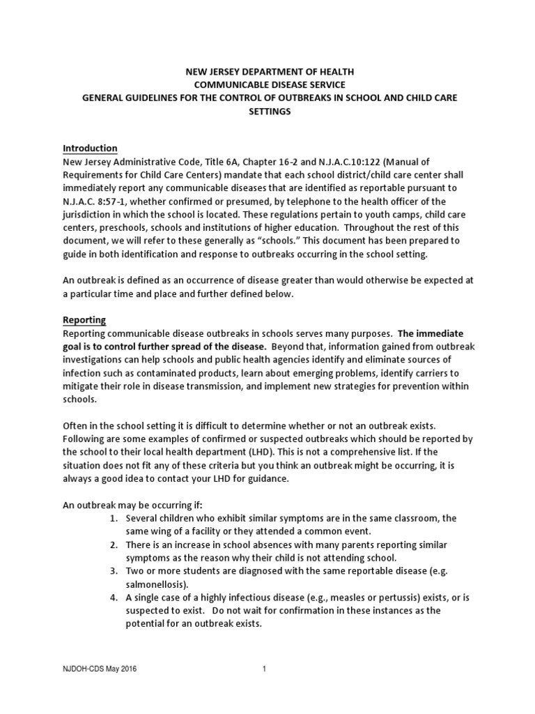NJ School Outbreak Control Guidelines | PDF | Hand Washing | Infection