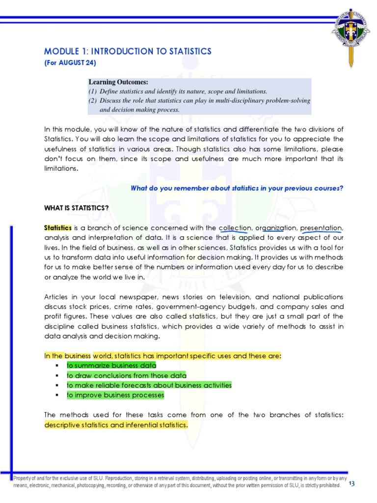 Module 1: Introduction To Statistics: Learning Outcomes | PDF ...
