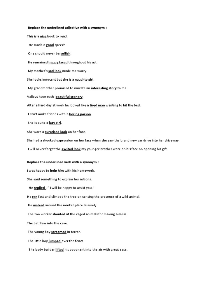 Replace The Underlined Adjective With A Synonym Sentence Activity | PDF ...