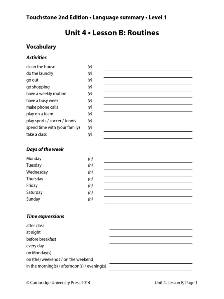 Unit 4 - Lesson B: Routines: Touchstone 2nd Edition - Language Summary - Level 1 | PDF ...