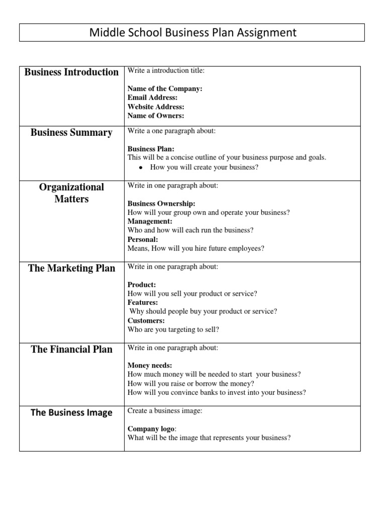 Middle School Business Plan Assignment | PDF | Finance & Money Management