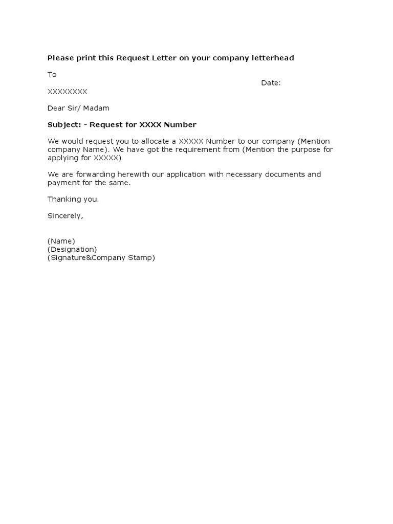 Request Letter for XXXXX Number Allocation on Company Letterhead | PDF