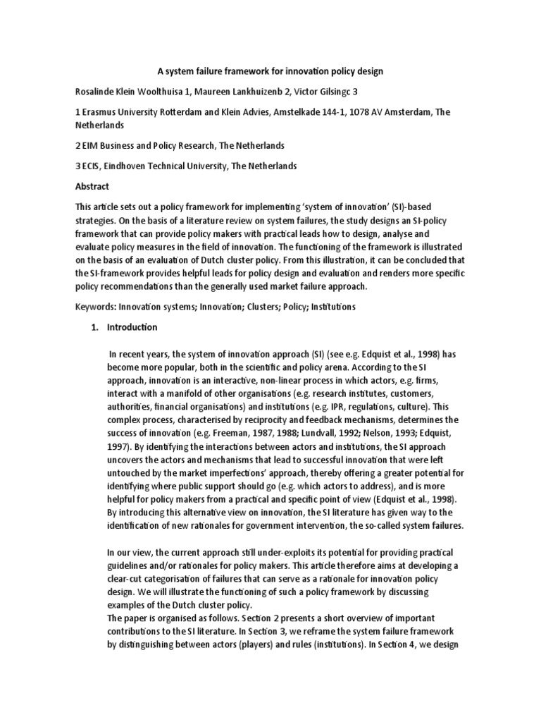 A System Failure Framework For Innovation Policy Design | PDF ...