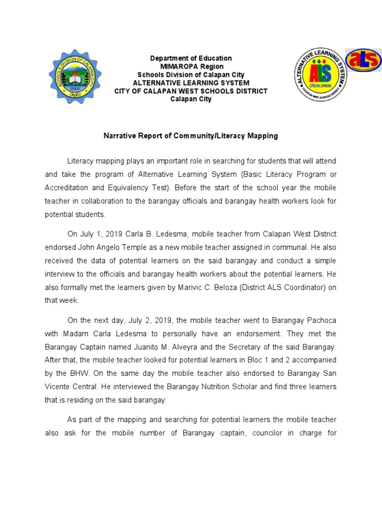 Narrative Report of Community/Literacy Mapping | PDF | Teachers ...