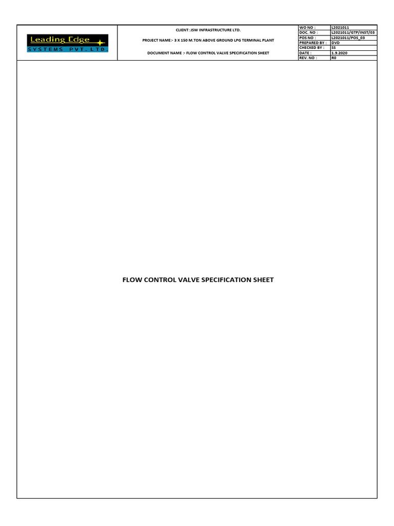 Flow Control Valve Specification Sheet | PDF | Valve | Pipe (Fluid ...