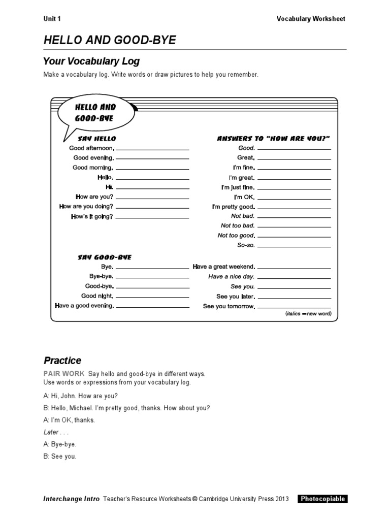 Hello and Good-Bye: Your Vocabulary Log | PDF