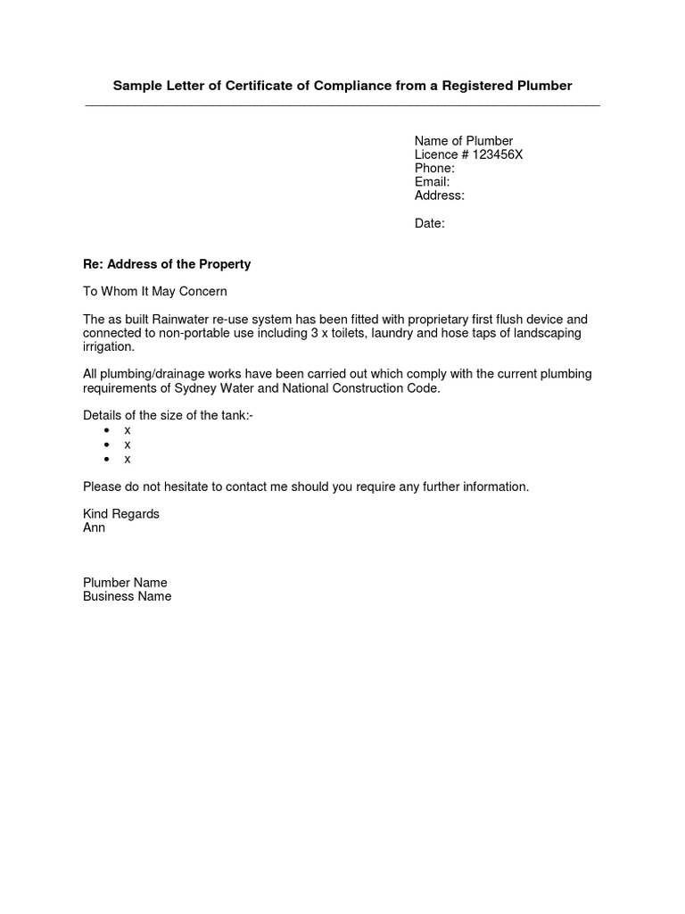 Sample Letter of Certificate of Compliance From A Registered Plumber ...