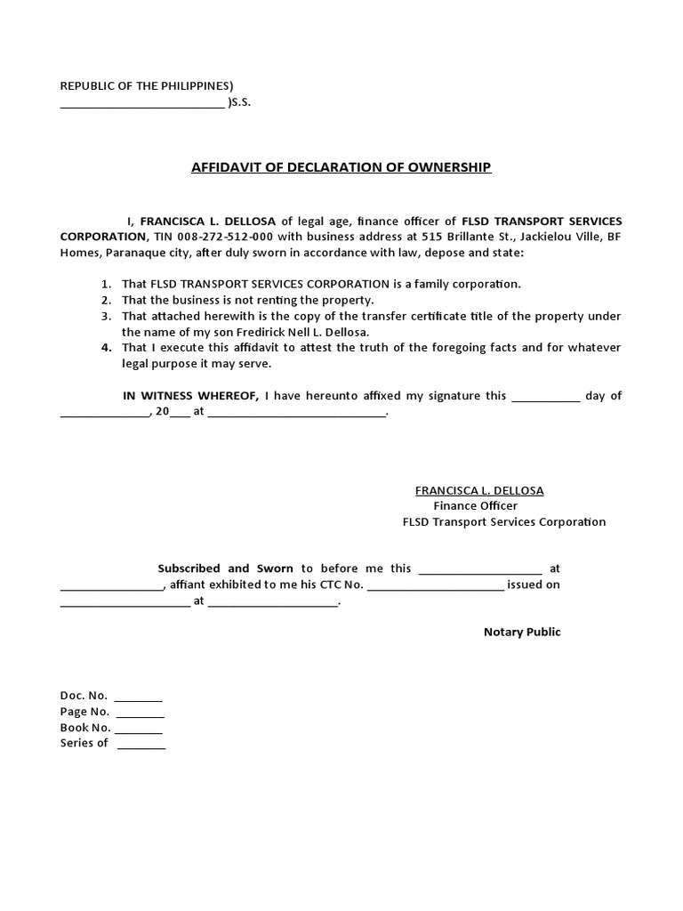 Affidavit of Declaration of Ownership | PDF