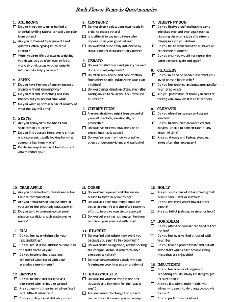 Bach Flower Remedy Questionnaire | PDF | Anxiety | Grief