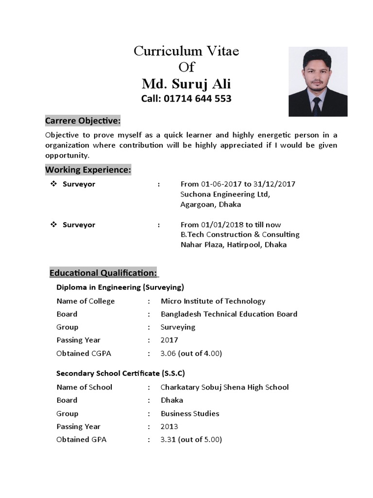 Curriculum Vitae Of: Md. Suruj Ali | PDF | Curriculum | Science