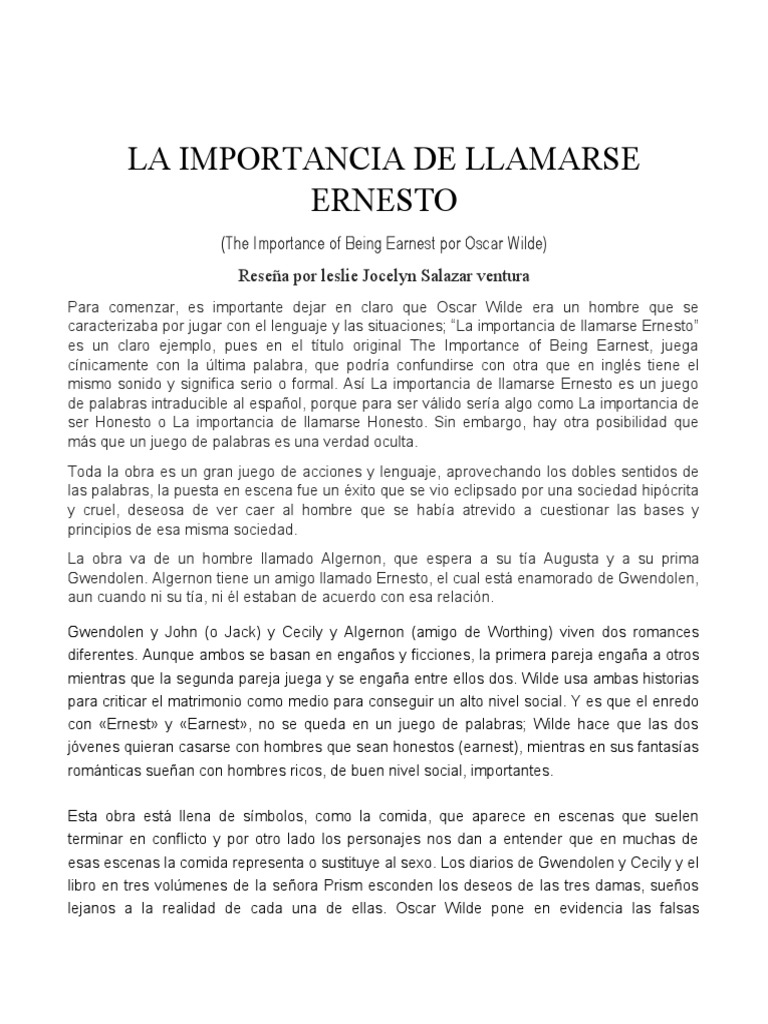 La Importancia de Llamarse Ernesto | PDF | La importancia de ser sincero | Oscar Wilde