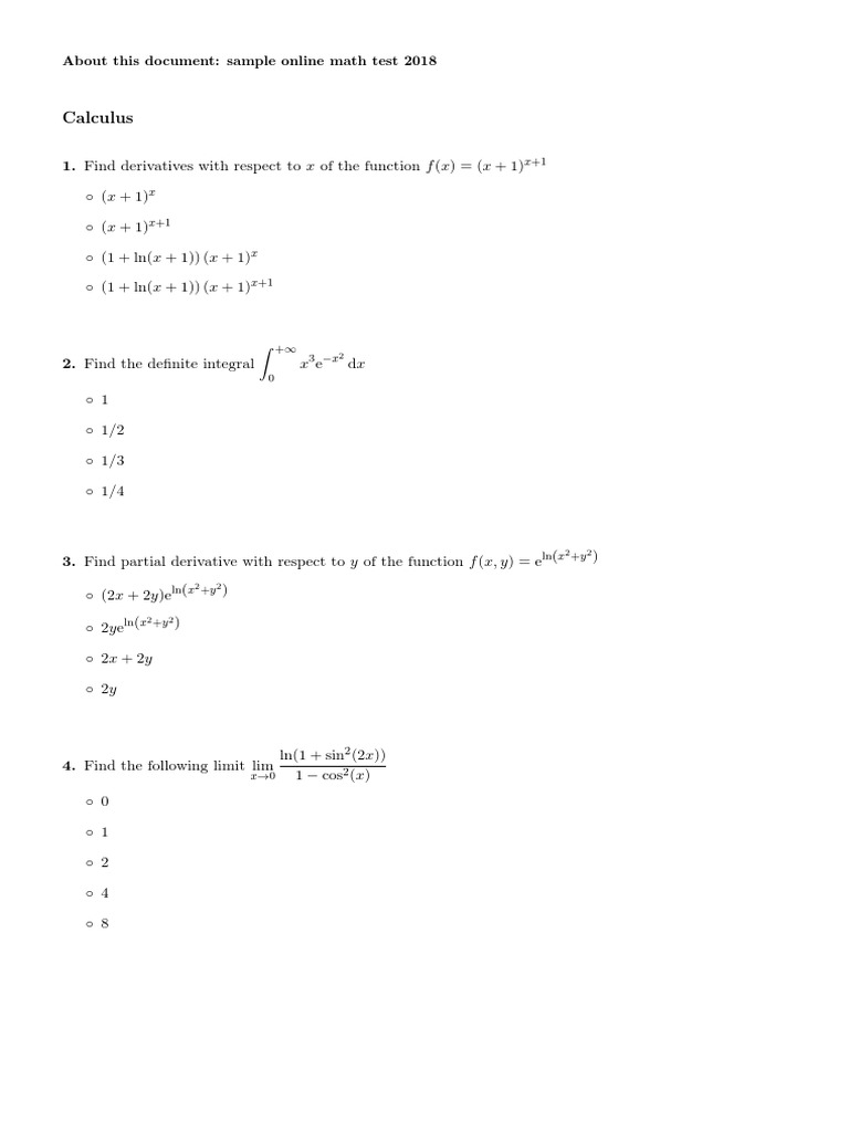Calculus: About This Document: Sample Online Math Test 2018 | PDF ...