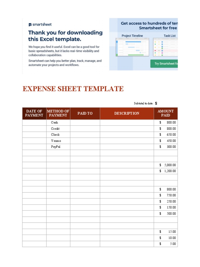 Expense Sheet Template: Paid To Description Date of Payment Method of ...
