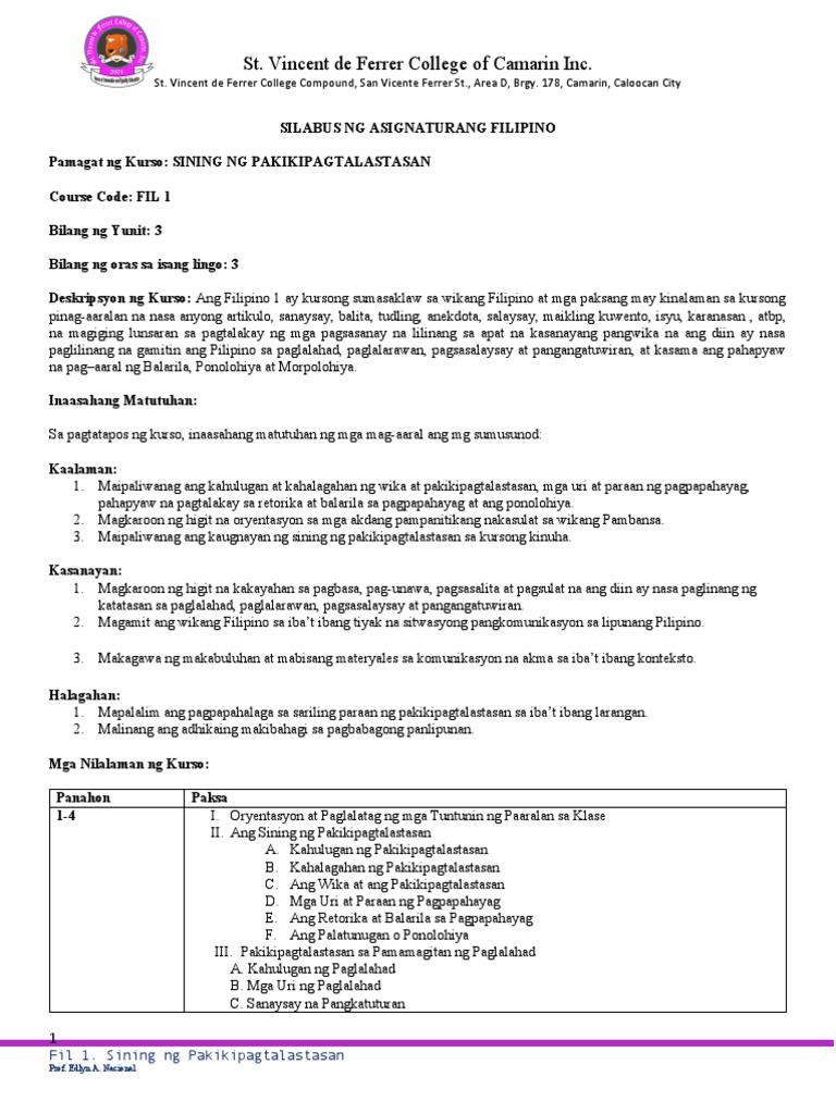 Silabus-Sining NG Pakikipagtalastasan | PDF