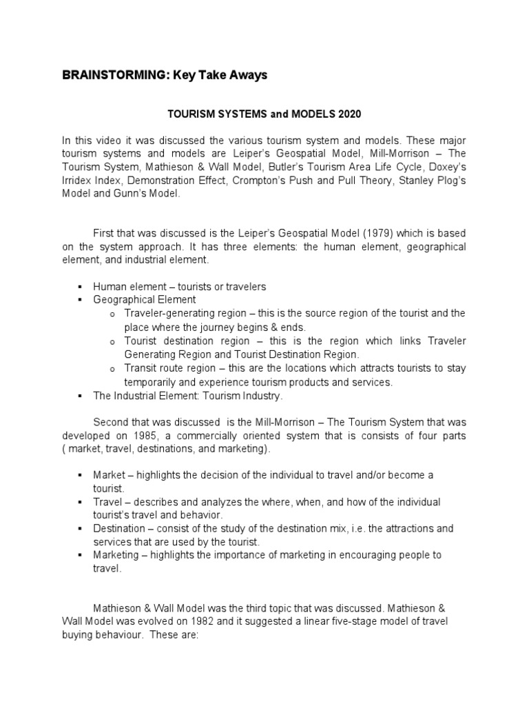 BRAINSTORMING: Key Take Aways: Tourism Systems and Models 2020 | PDF ...