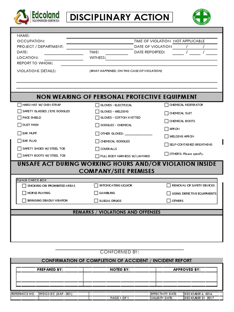 Disciplinary Action Report | PDF | Personal Protective Equipment | Safety