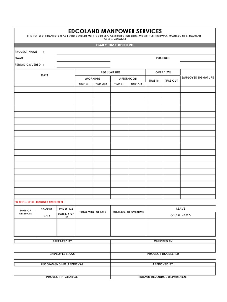 Edcoland Manpower Services: Daily Time Record | PDF