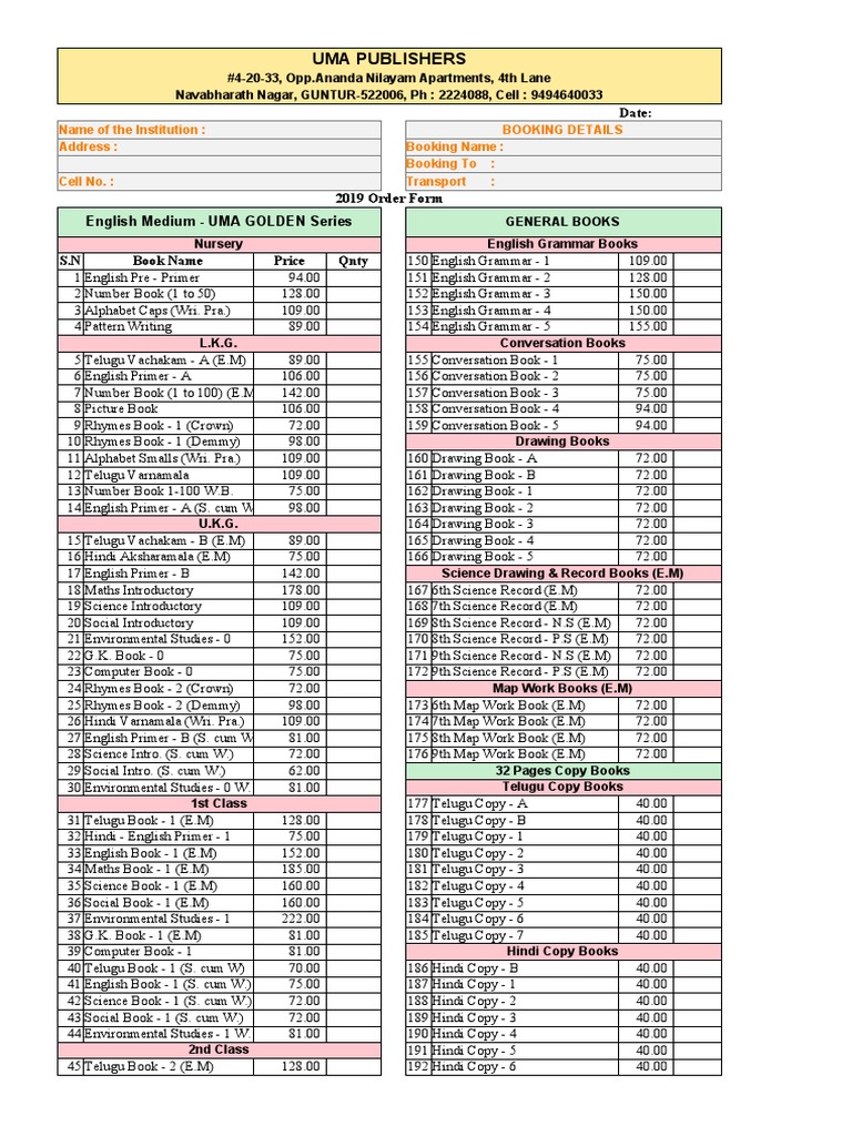 Uma Publishers: 2019 Order Form English Medium - UMA GOLDEN Series ...