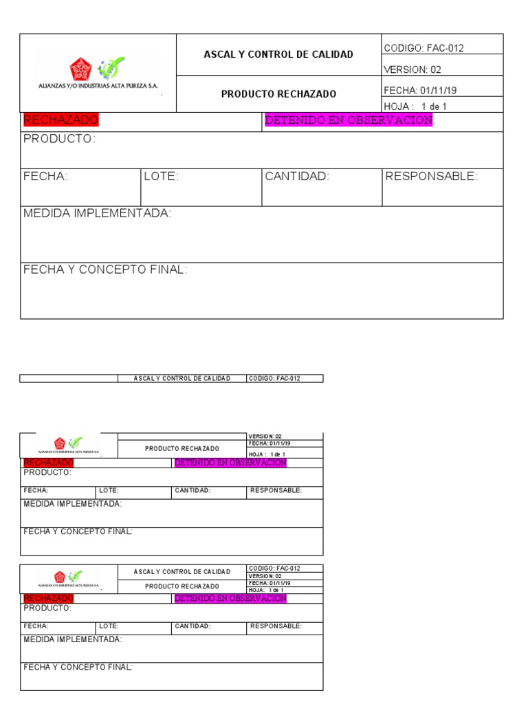 Formato de Rechazo de Producto | PDF