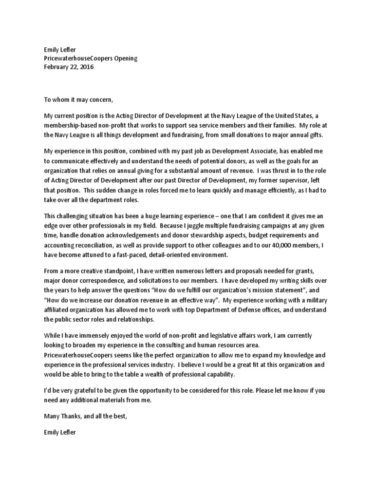 PWC Cover Letter | PDF | Fundraising | Pricewaterhouse Coopers