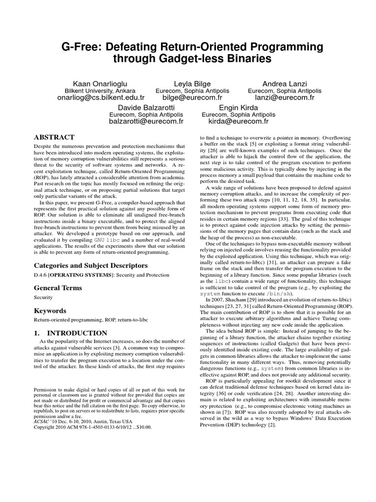 G-Free: Defeating Return-Oriented Programming Through Gadget-Less ...