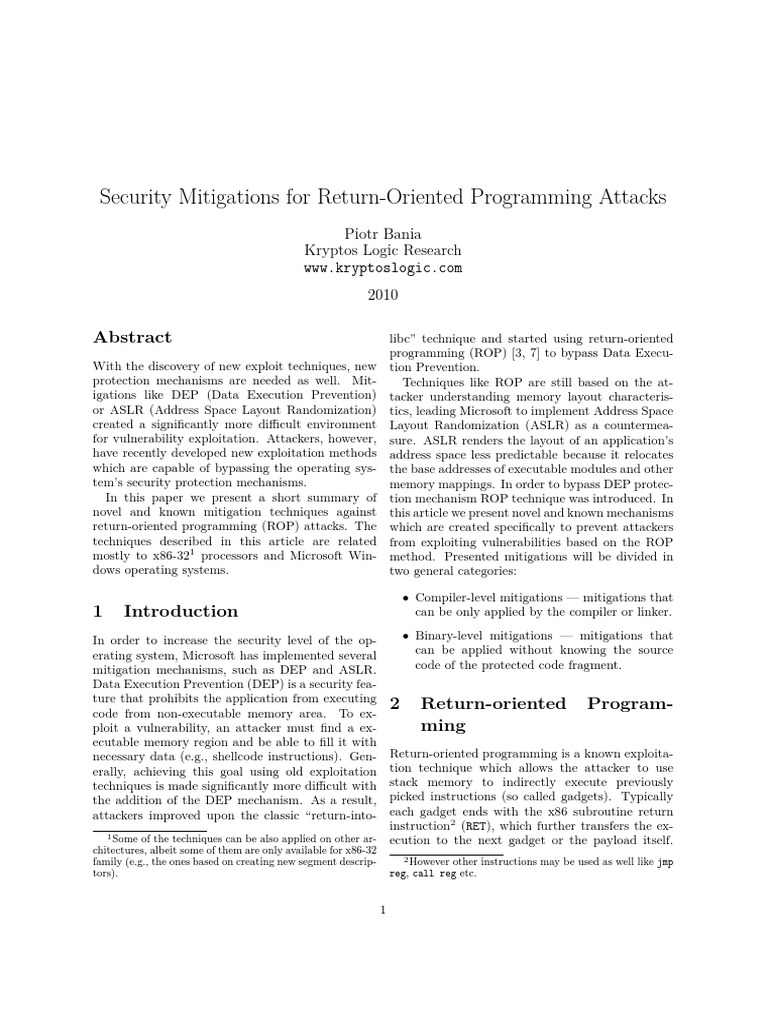 Security Mitigations For Return-Oriented Programming Attacks | Download Free PDF | Computer ...
