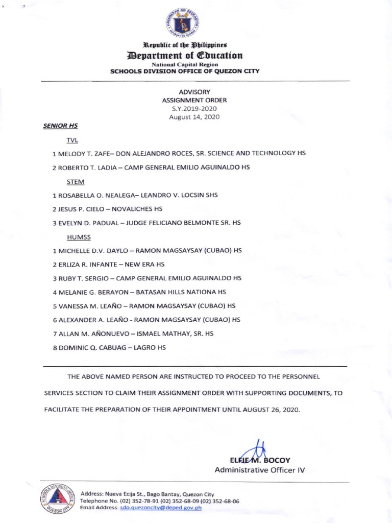 Advisory Assignment Order Senior High PDF | PDF